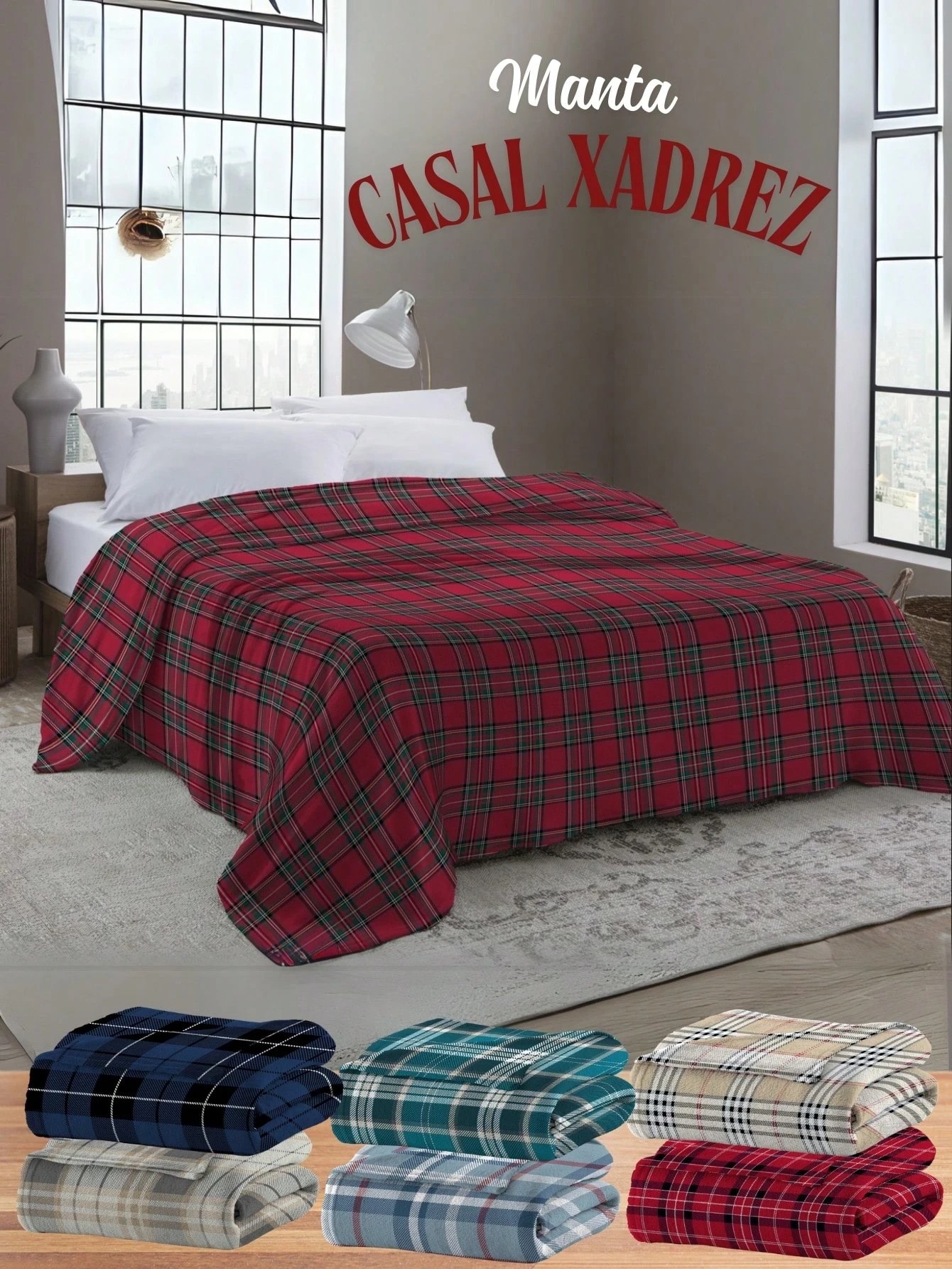 Manta Camesa Xadrez Casal 180x200cm | Outlet PortCasa