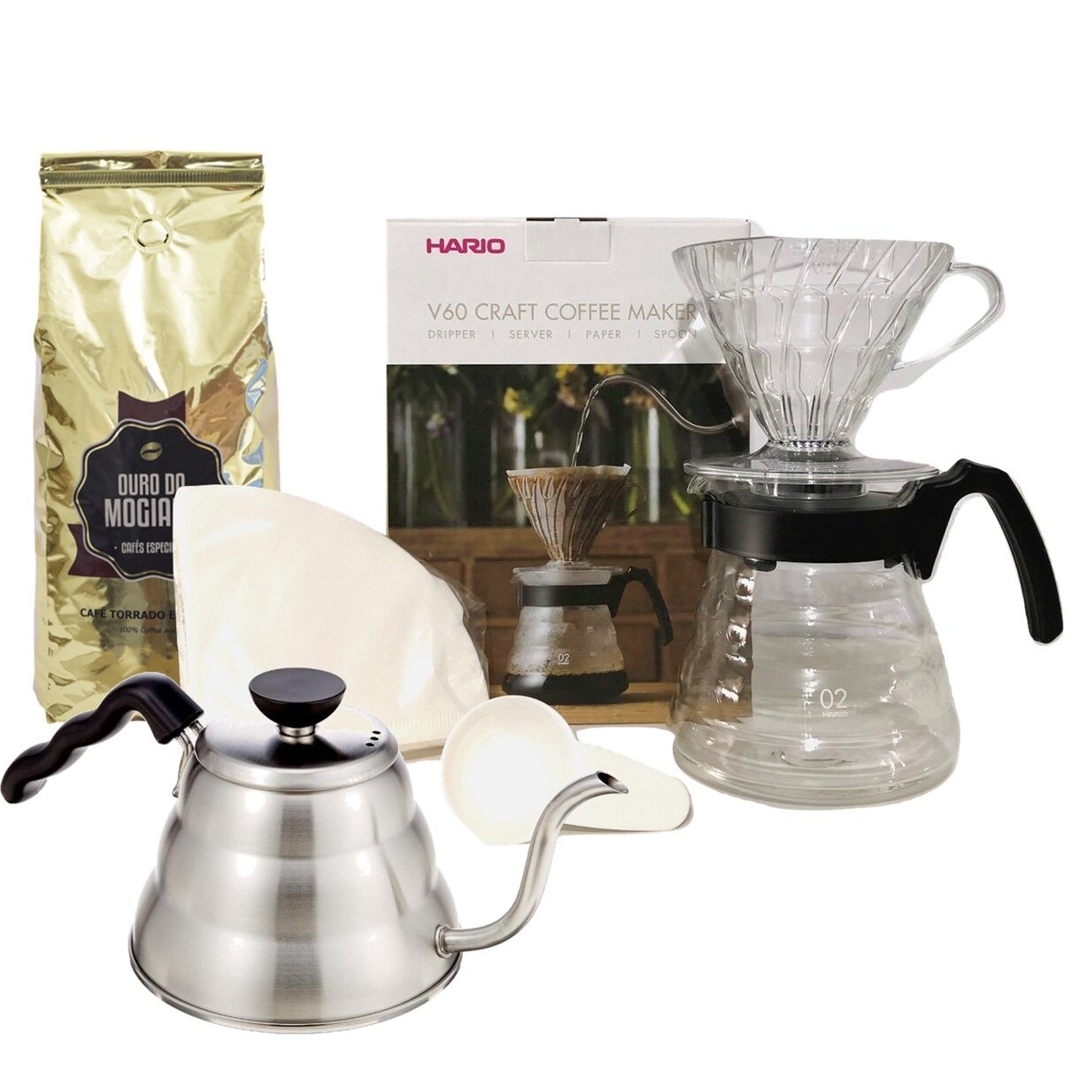 Comprar Kit Hario V60 + Chaleira Hario Buono + Grátis 1 Café 500 g - Café Ouro da Mogiana