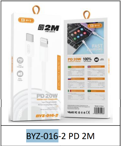 Comprar Cabo Carregamento Rápido 2 metros Type-C com Lighting BYZ-016-2