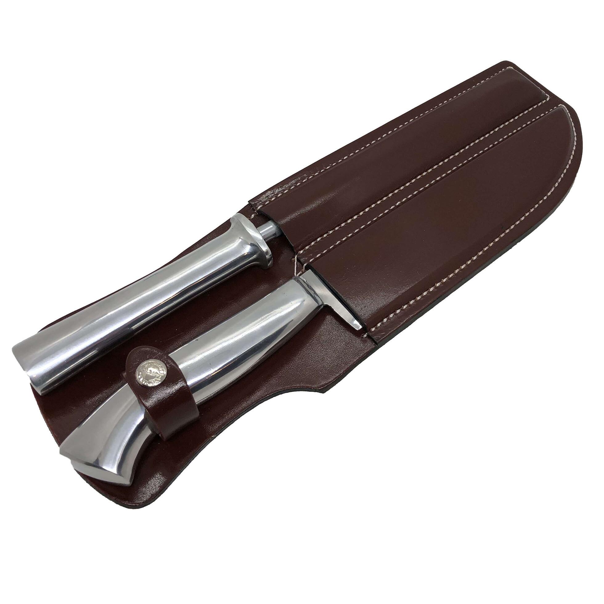 Conjunto de Faca e Chaira Piteira 8" Cabo Alumínio com Bainha de Couro