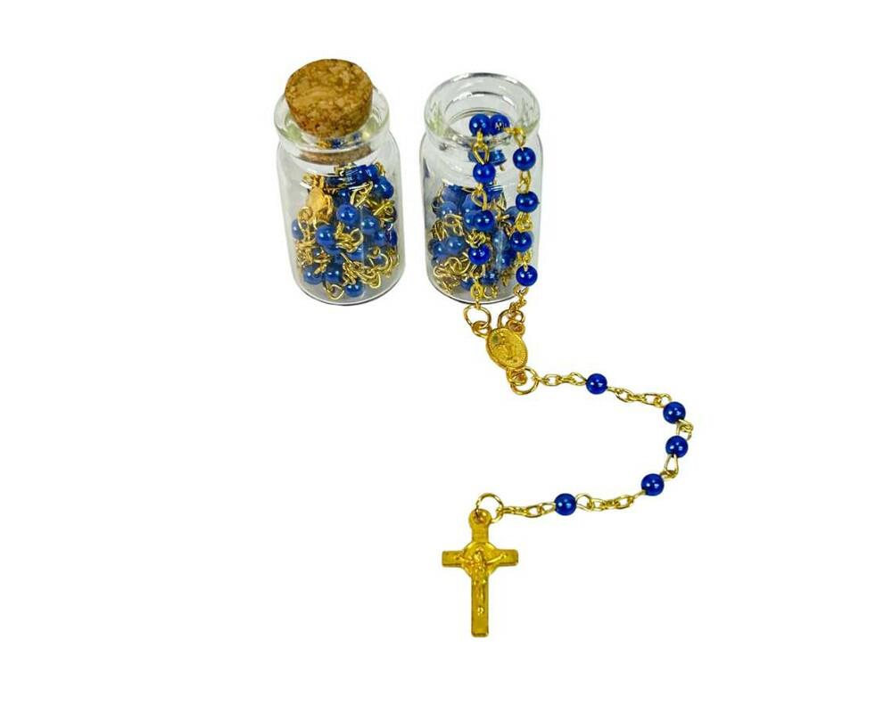 Terço dourado Nossa Senhora das Graças com pérolas coloridas em garrafa ...