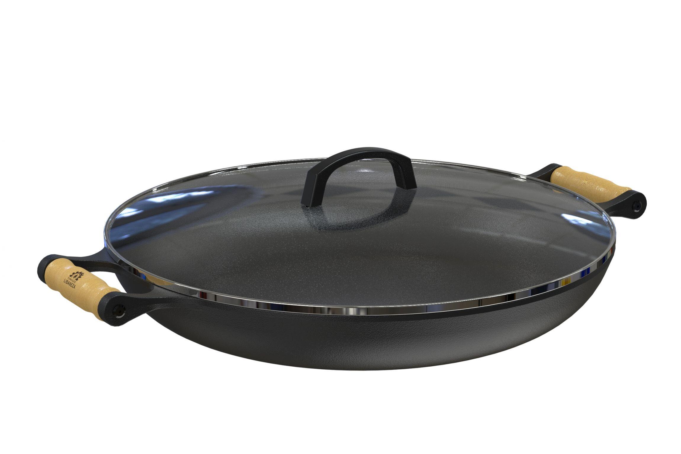 Paella Frigideira Ferro 40cm Alças De Madeira Tampa De Vidro - a partir ...