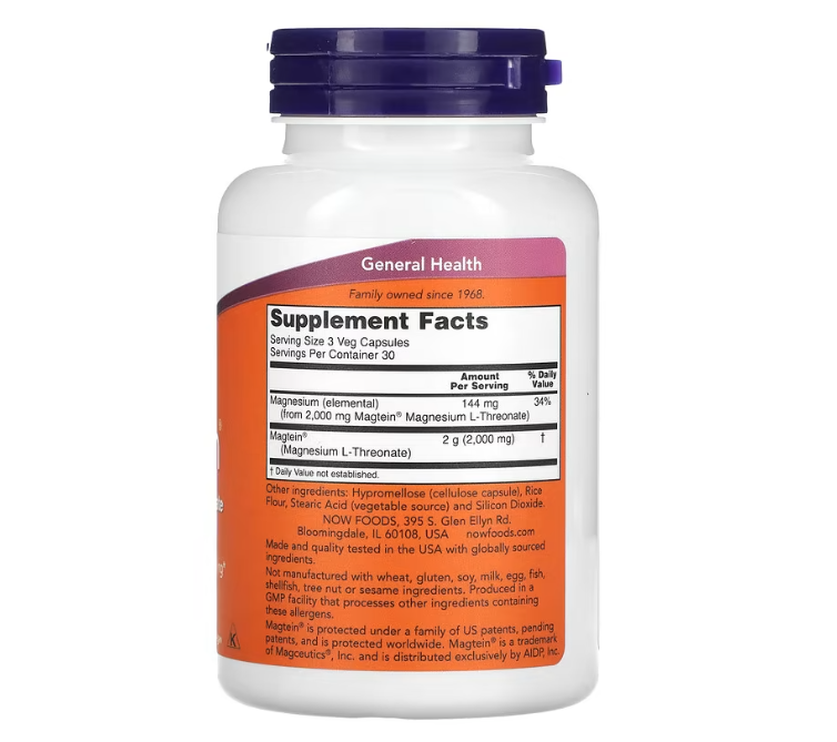 Comprar Magtein - Magnésio Treonato - Now Foods - 90 Cápsulas - Tudo ...