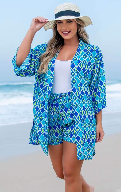 Kimono Saída de Praia Estampado Estampado Azul Praia - GRISFIT | Moda Praia