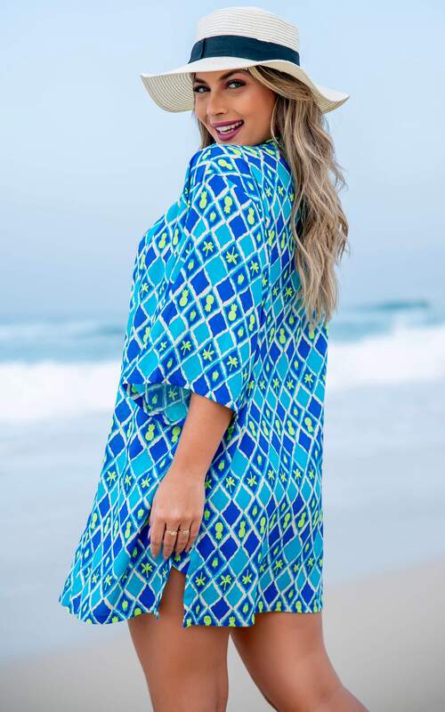 Kimono Saída de Praia Estampado Estampado Azul Praia - GRISFIT | Moda Praia