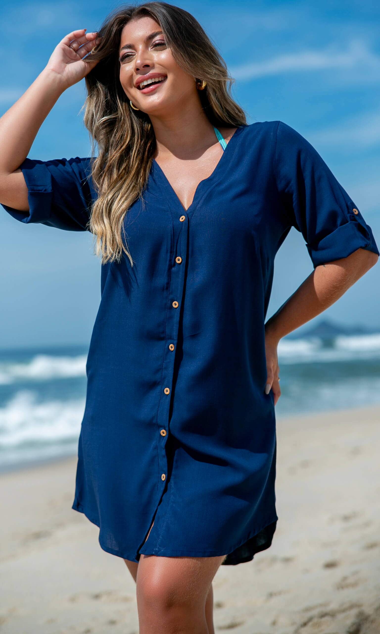 Saída de Praia Camisão com Botão Lira Marinho