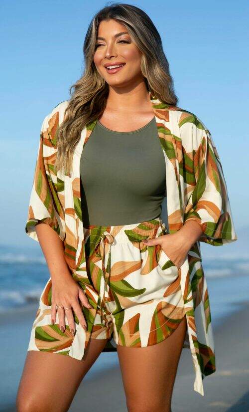 Kimono Saída de Praia Folhas Green - a partir de R$79,90
