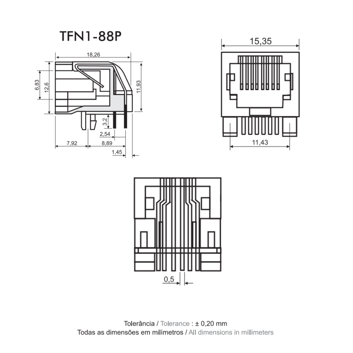 Comprar TFN1-88P Conector Modular Jack Chanfrado 90G 8P8C Preto - a ...