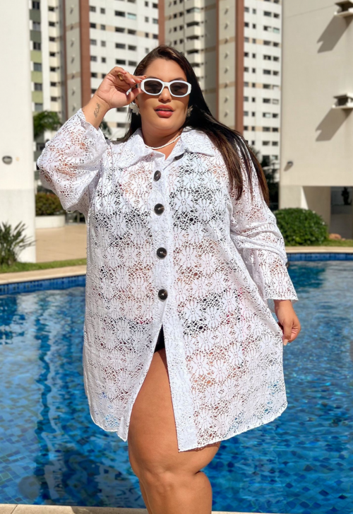 Saída de Praia Camisão Rendão Branco Plus Size | Do tamanho 46 ao 62