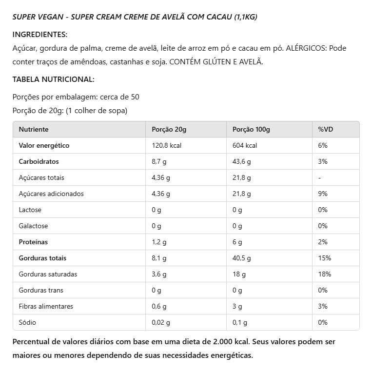 Comprar Creme de Avelã Com Cacau Super Cream Super Vegan 1,1kg - Vegano ...