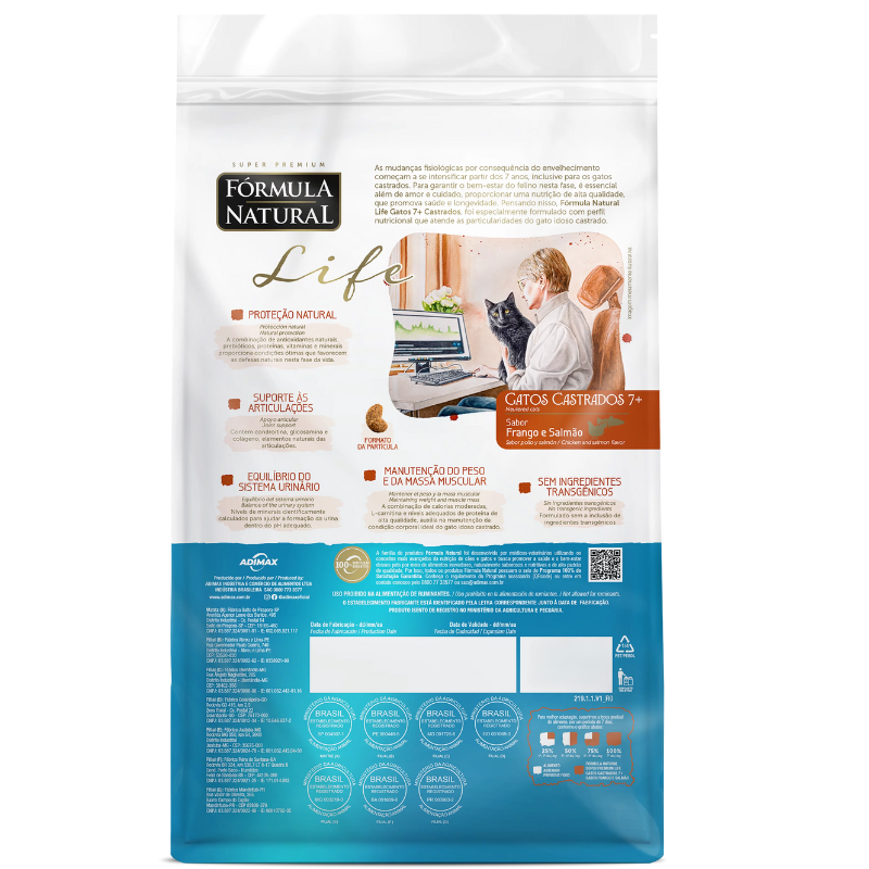 Ração Fórmula Natural Life Gatos Castrados 7+ Frango e Salmão 1 Kg - a ...