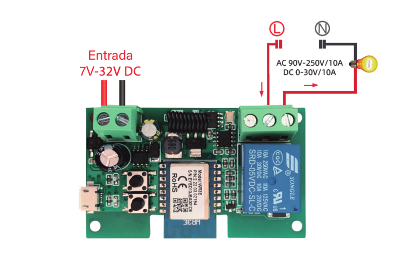 Relé Inteligente WiFi 12V 1 Canal Contato Seco RF 433