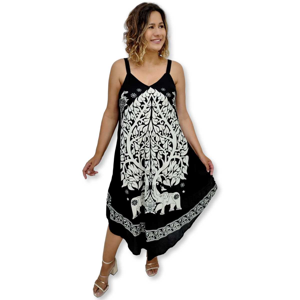 Vestido Curto Alças Estampado Decote V