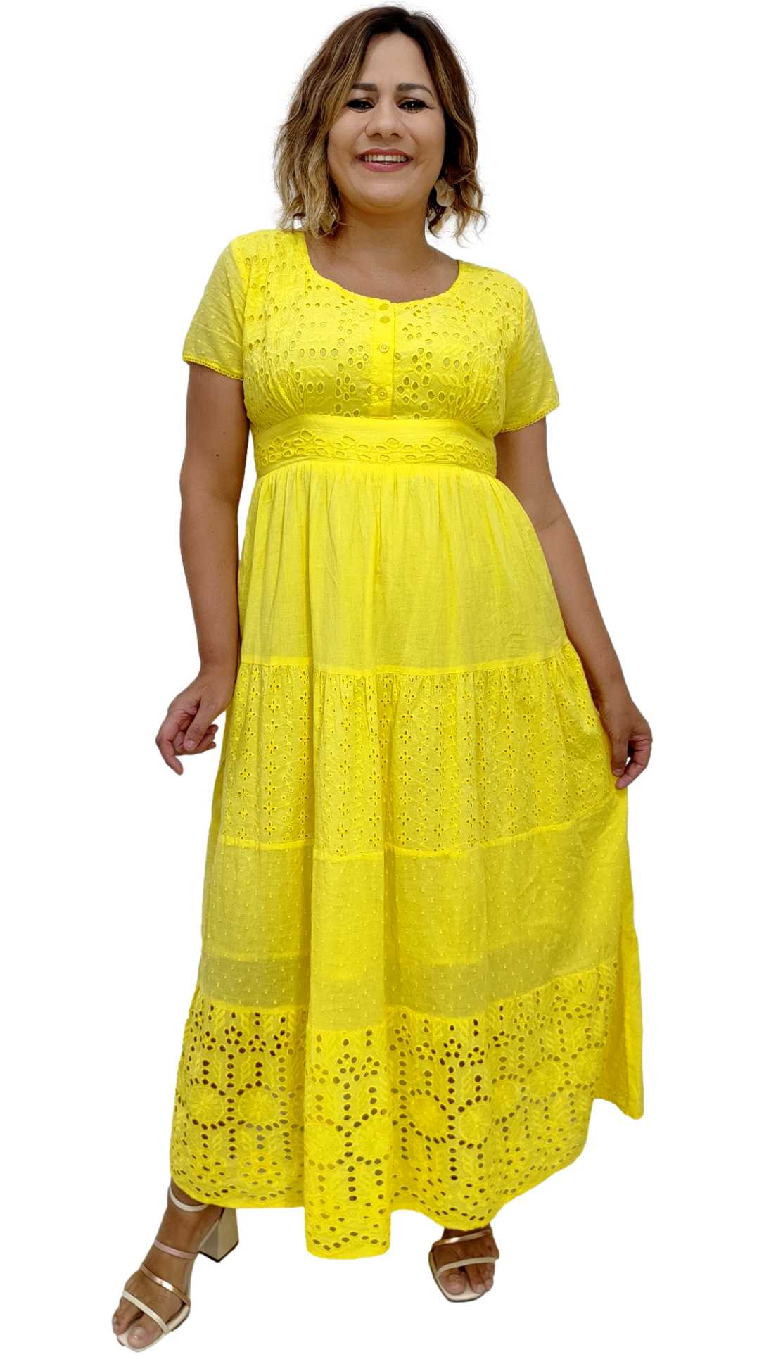 Vestido Longo Indiano Manga Curta Liso em Lesi Plus Size 130 | Sarat ...