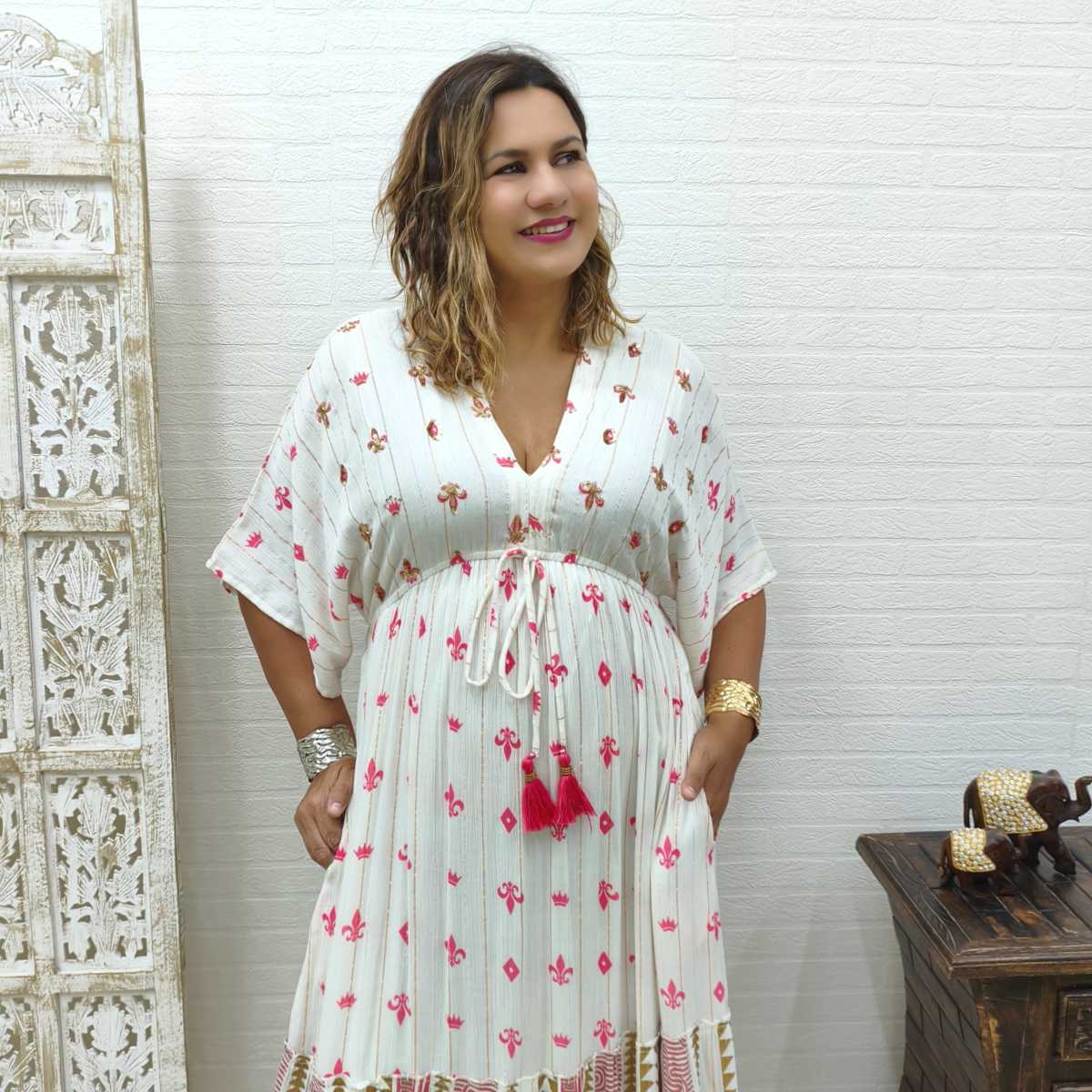 Vestido Longo Indiano Manga Curta Crepe com Lurex Boho Chick| Sarat ...