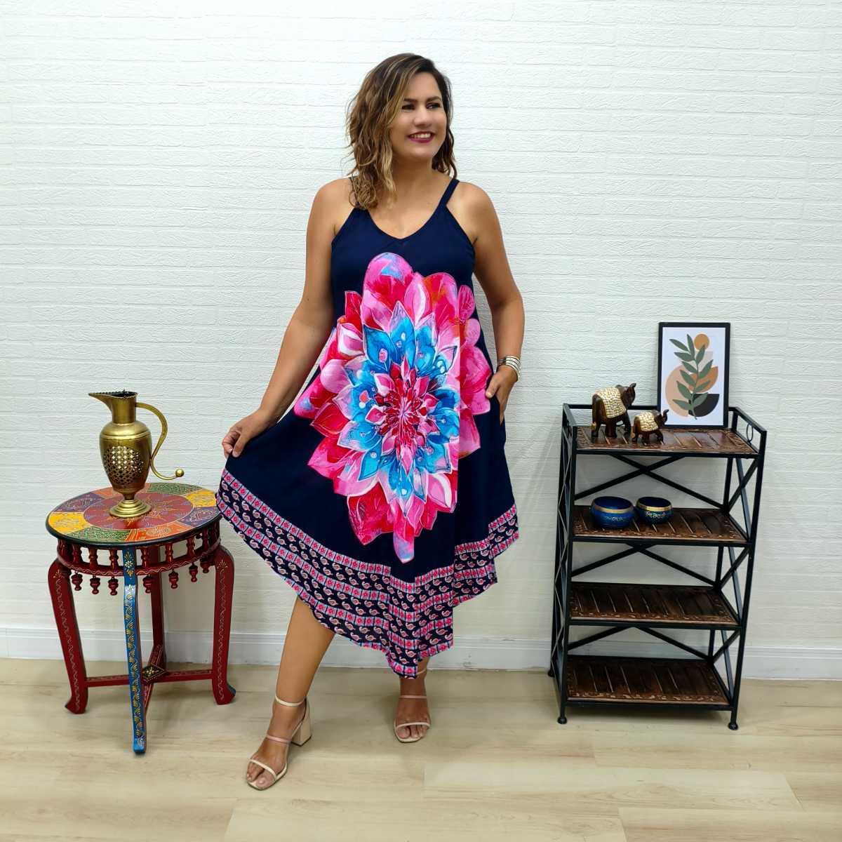 Vestido Indiano Trapézio Estampado Circulos Coloridos| Sarat Moda Indiana
