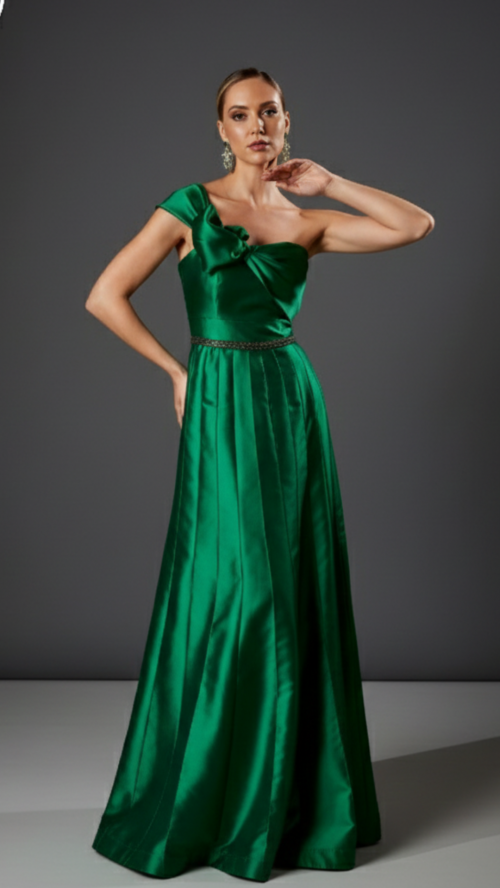 Comprar Vestido Longo em Zibeline Verde Esmeralda com Laço Ombro Único ...