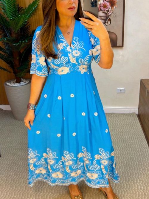 Comprar Vestido Longo Manga Ampla em Viscolinho com Bordado em Leser ...