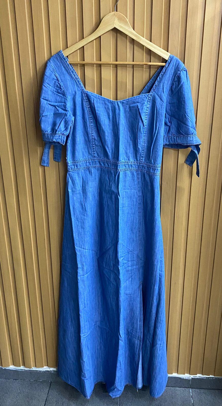 Comprar Vestido Longo Manga Curta com Fenda Lateral Jeans Lanny - Lu Modas