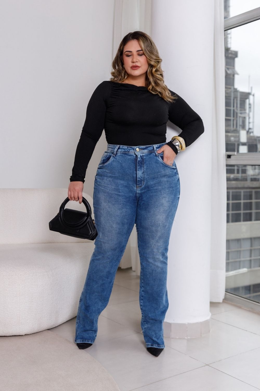 Comprar Calça Jeans Feminina Reta Plus Size Cintura Alta -Lavagem Sky ...