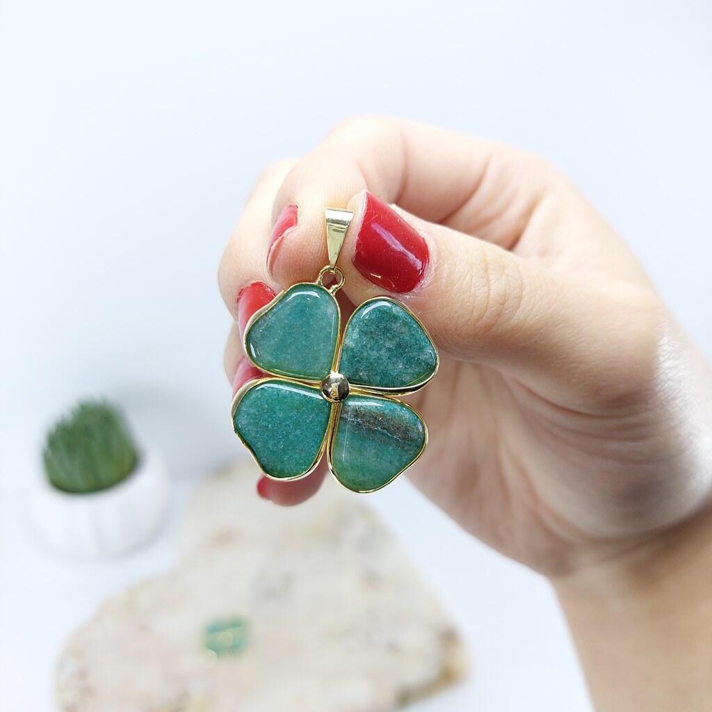 Comprar Pingente Trevo de Quatro Folhas de Pedra Quartzo Verde Dourado