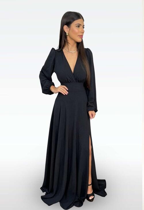 Vestido Longo Decote V Preto | O Vestido Longo manga longa Helena ...