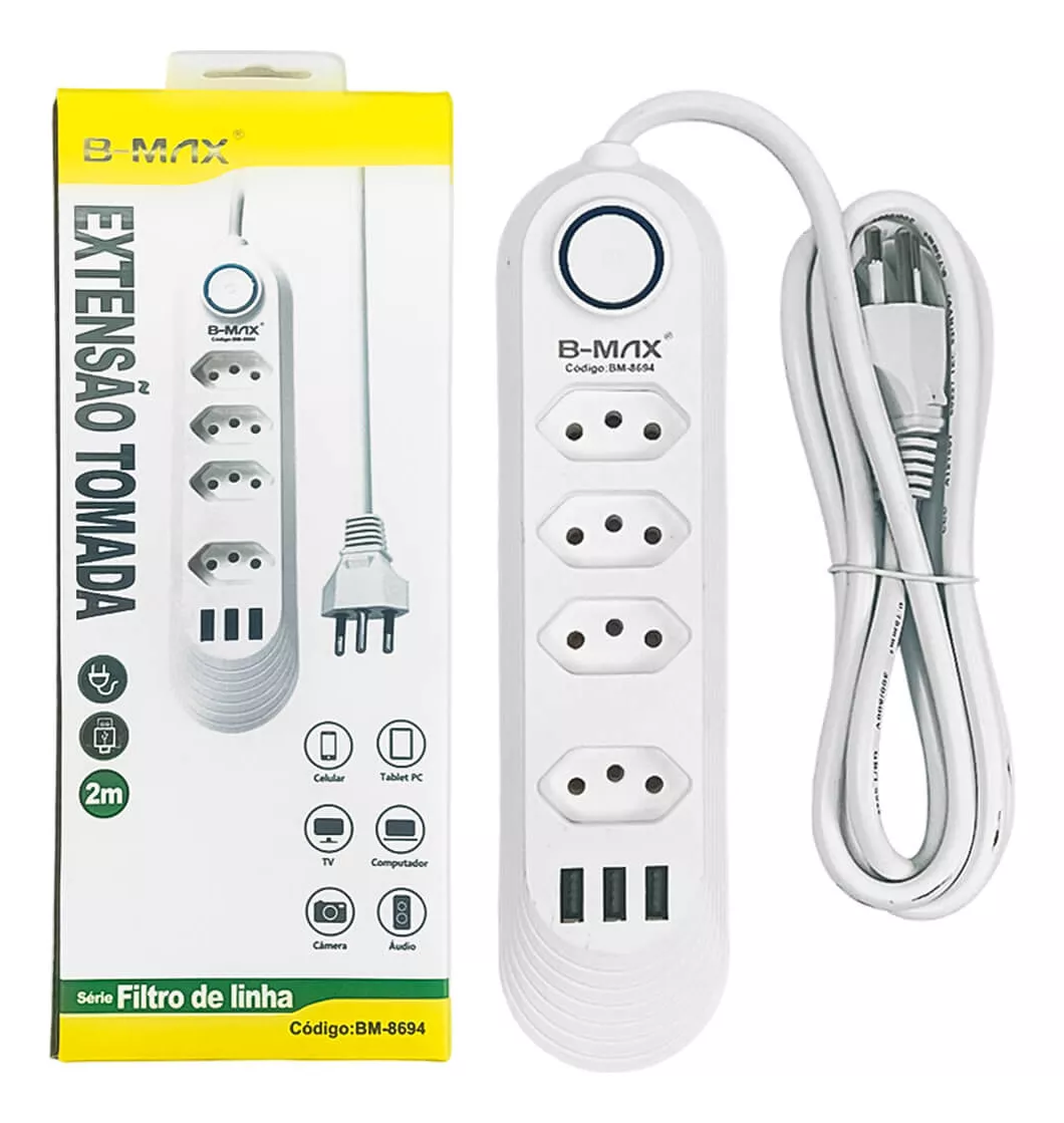 Comprar B-Max BM-8694 Extensão 4 Tomadas + 3 Usb Regua Energia Eletrica ...