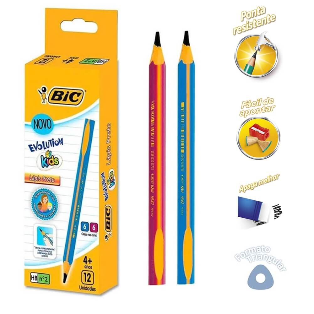 Lapis Preto Kids Evolution Jumbo Triangular com12 unidades - Bic - R$17,00