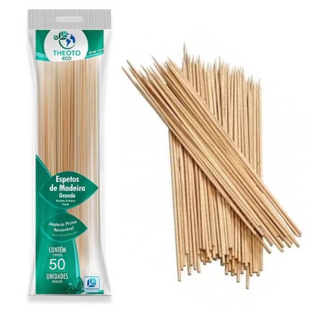 Espeto/Palito de Churrasco de Madeira 25cm com 50 Unidades - Theoto