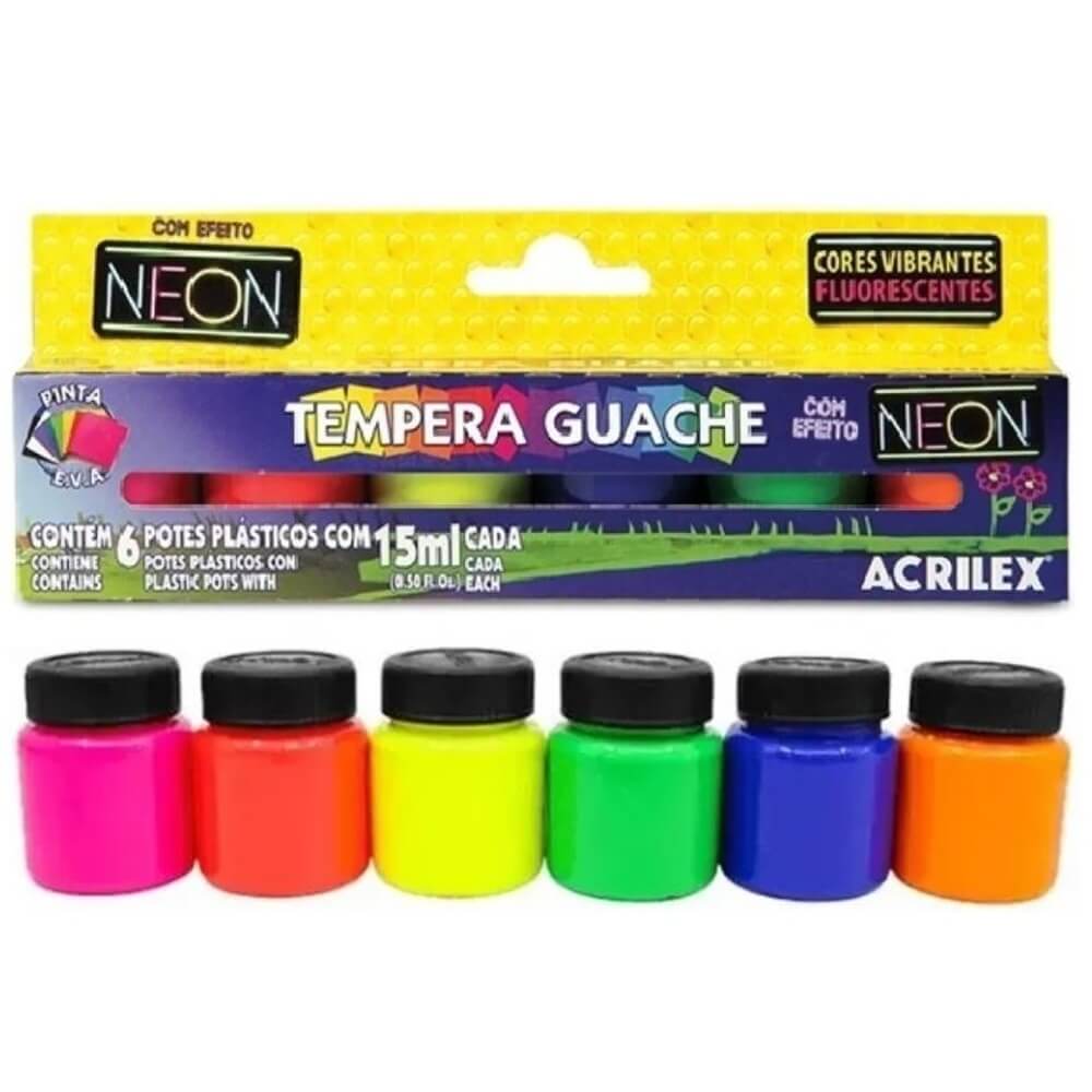 Tempera Tinta Guache Neon 15ml com 6 Cores - Acrilex - R$11,65