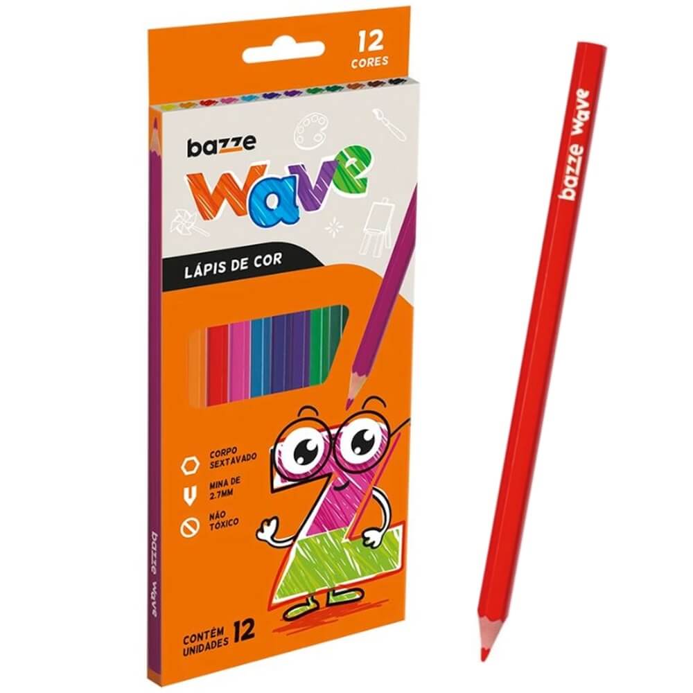 Lápis de Cor Wave 12 Cores Sextavado - Bazze - a partir de R$2,84