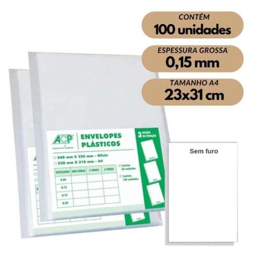 Envelope Plastico A4 Sem Furos Grosso com 100 Unidades - ACP - a partir ...
