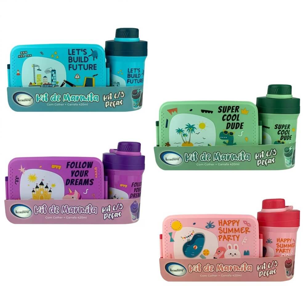 Kit Marmita com Garrafa e Talher de Plástico Quadrada - Interponte - R$40,50