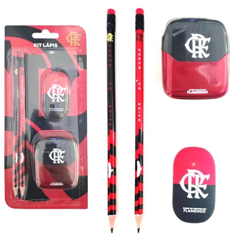 Kit Escolar Flamengo 2 Lapis HB + 1 Borracha + 1 Apontador Duplo ...