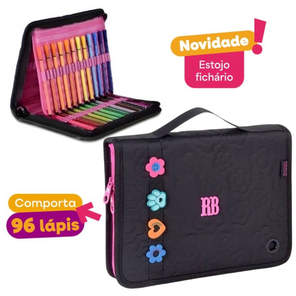 Estojo Fichario Rebecca Bonbon 96 Pens Flower Power PRETO - Clio - R$69,70