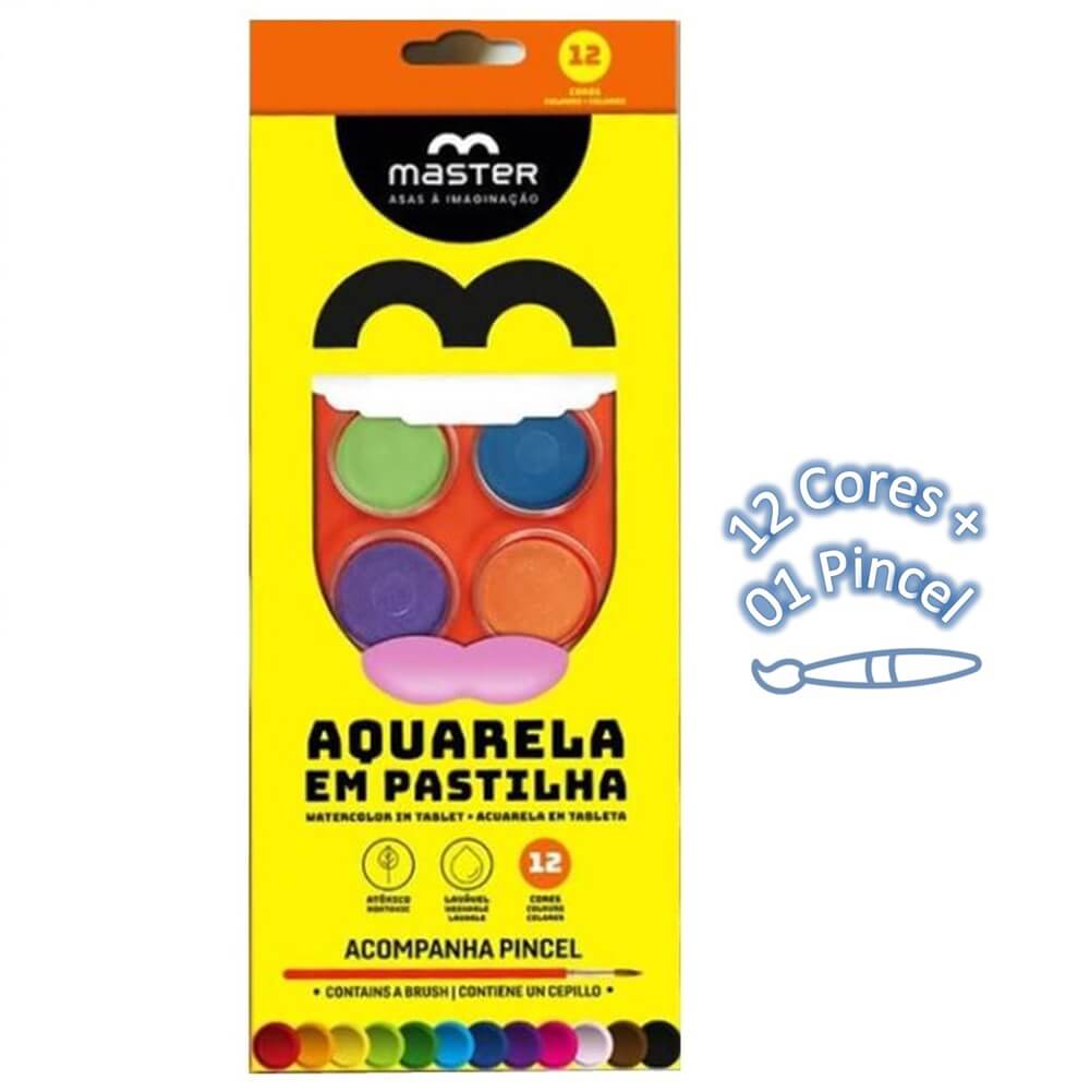 Aquarela em Pastilha com 12 Cores + 1 Pincel - Master - a partir de R$6,89