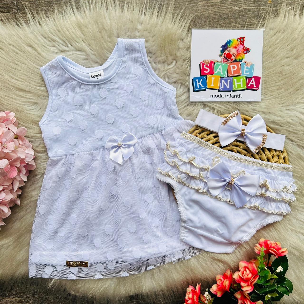 Kit Vestido de Tule, Calcinha e Faixa Branco