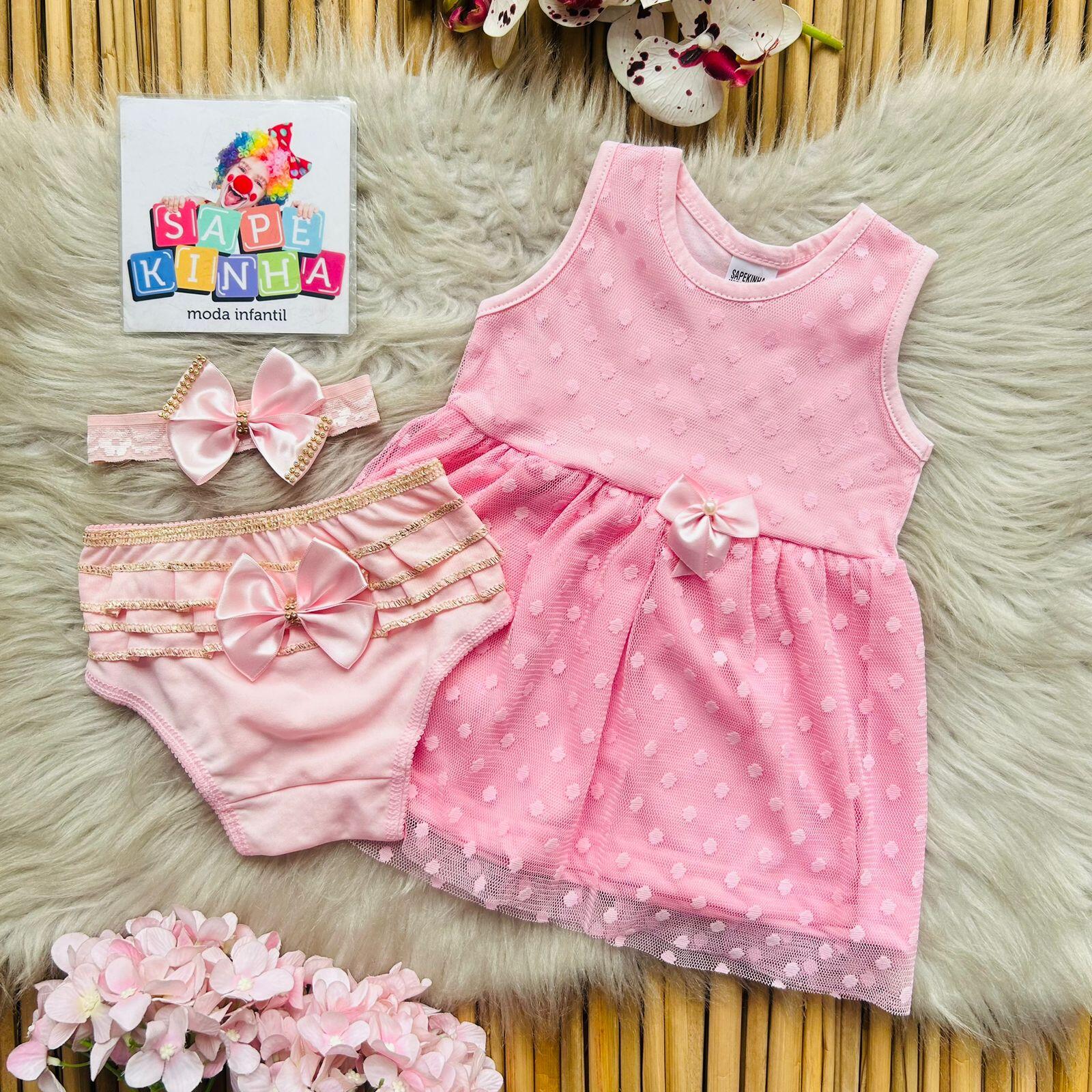 Kit Vestido de Tule, Calcinha e Faixa Rosa Bebê
