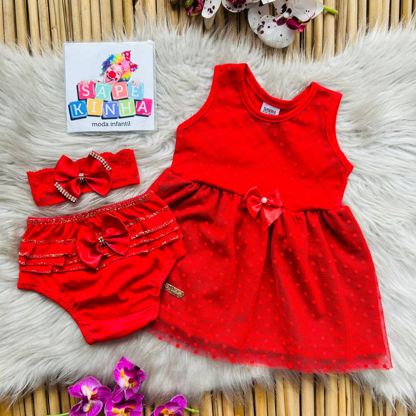 Kit Vestido de Tule, Calcinha e Faixa Vermelho