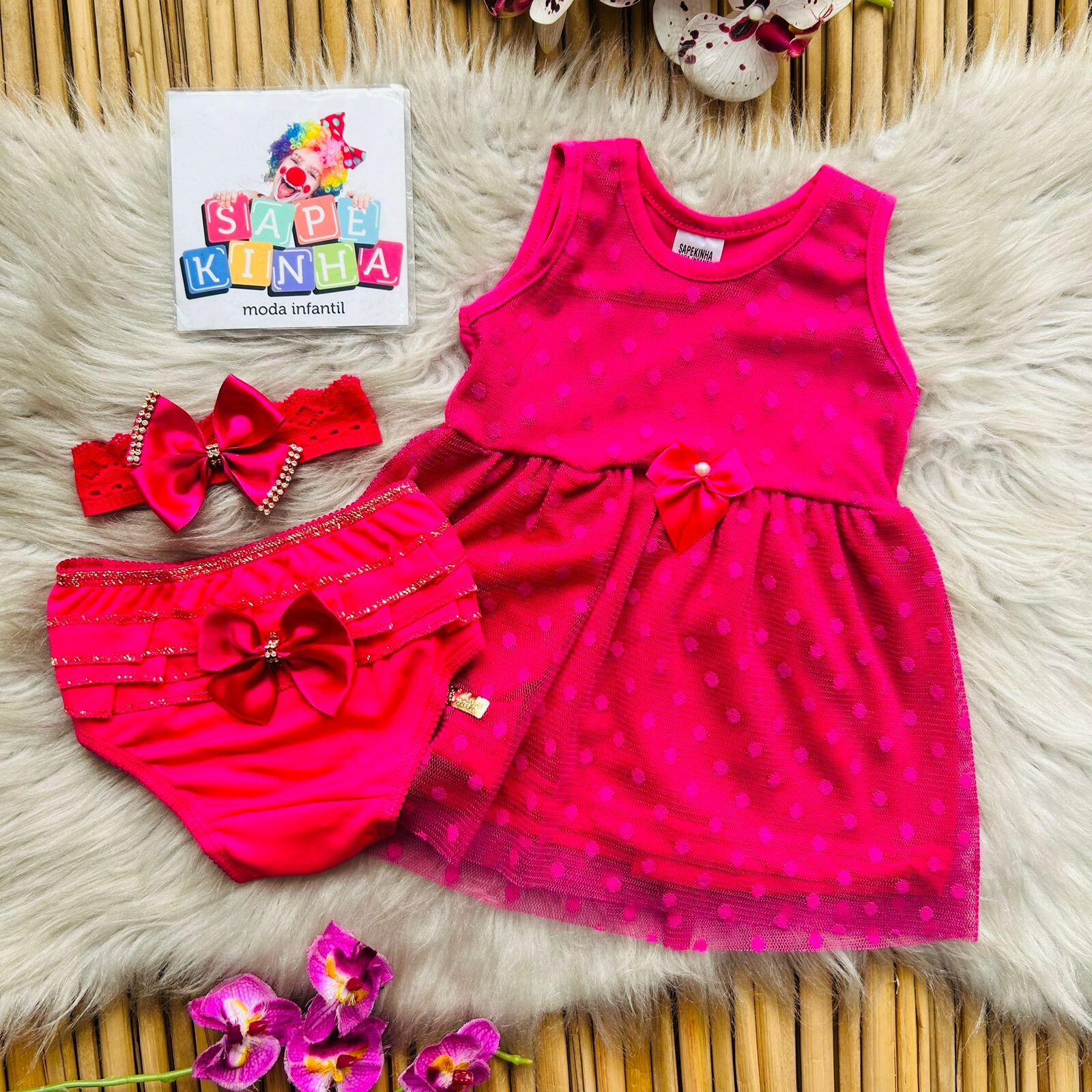Kit Vestido de Tule, Calcinha e Faixa Rosa Pink