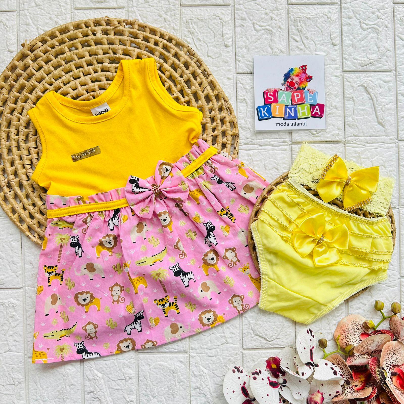 Kit Vestido Estampado Dina, Calcinha e Faixa Amarelo