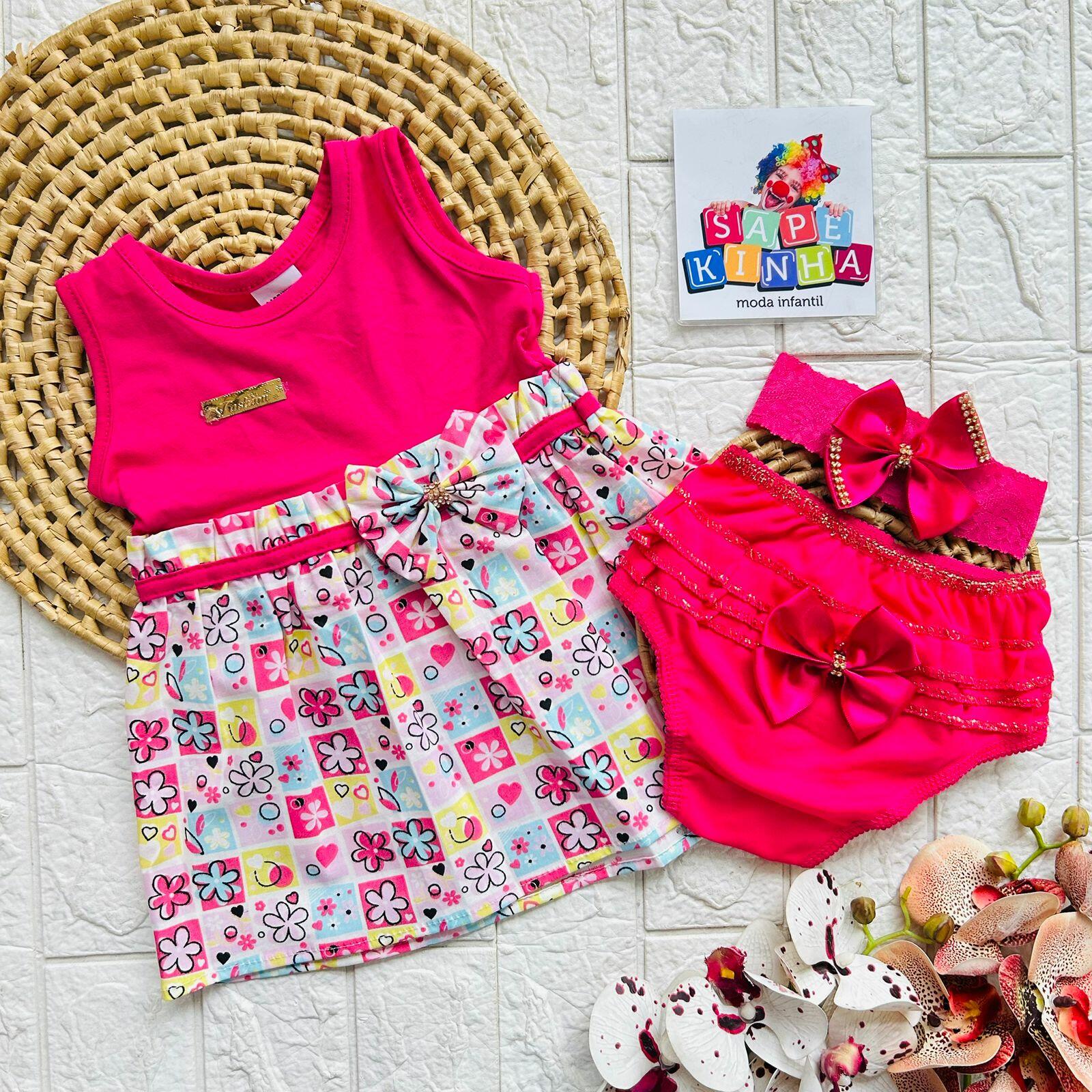 Kit Vestido Estampado Dina, Calcinha e Faixa Rosa Pink