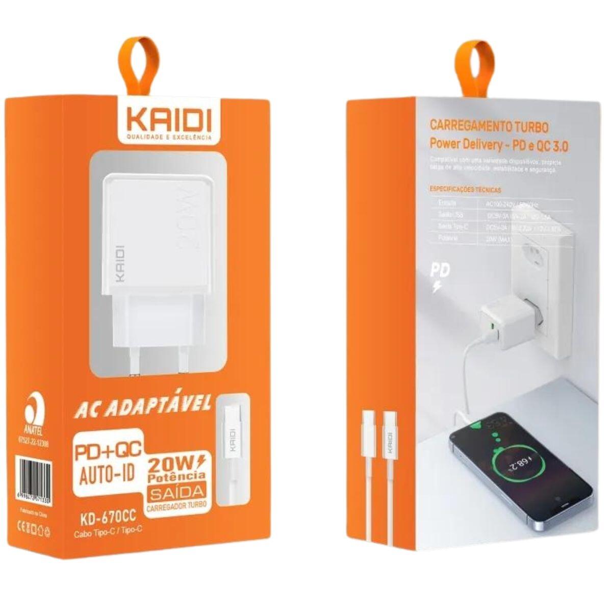Carregador USB-C+USB para USB-C PD QC 20W KD-670CC Kaidi