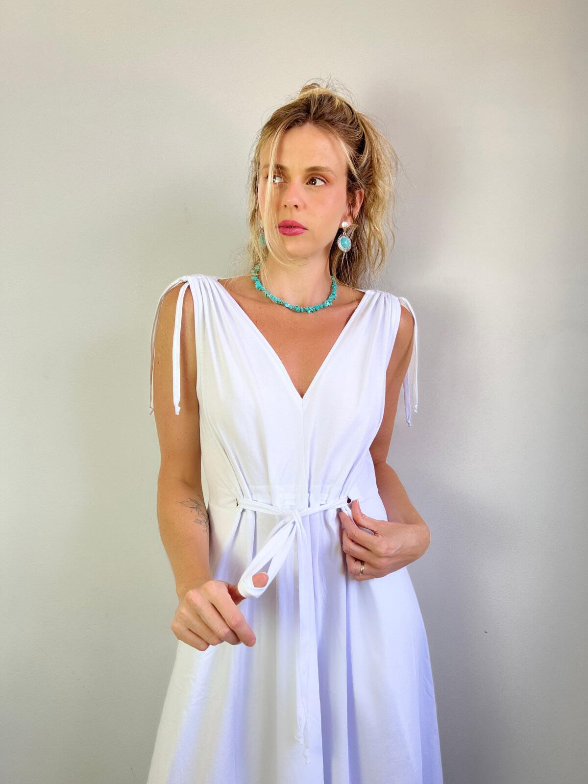 Vestido Midi de Malha de Algodão Premium Decote V Ajustável - a partir ...