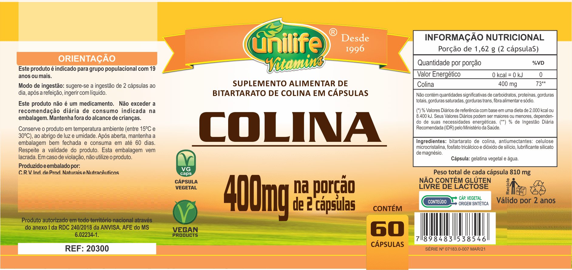 Comprar Colina Vitamina B8 Fígado, Cérebro e Cardio Unilife 60 Cápsulas ...