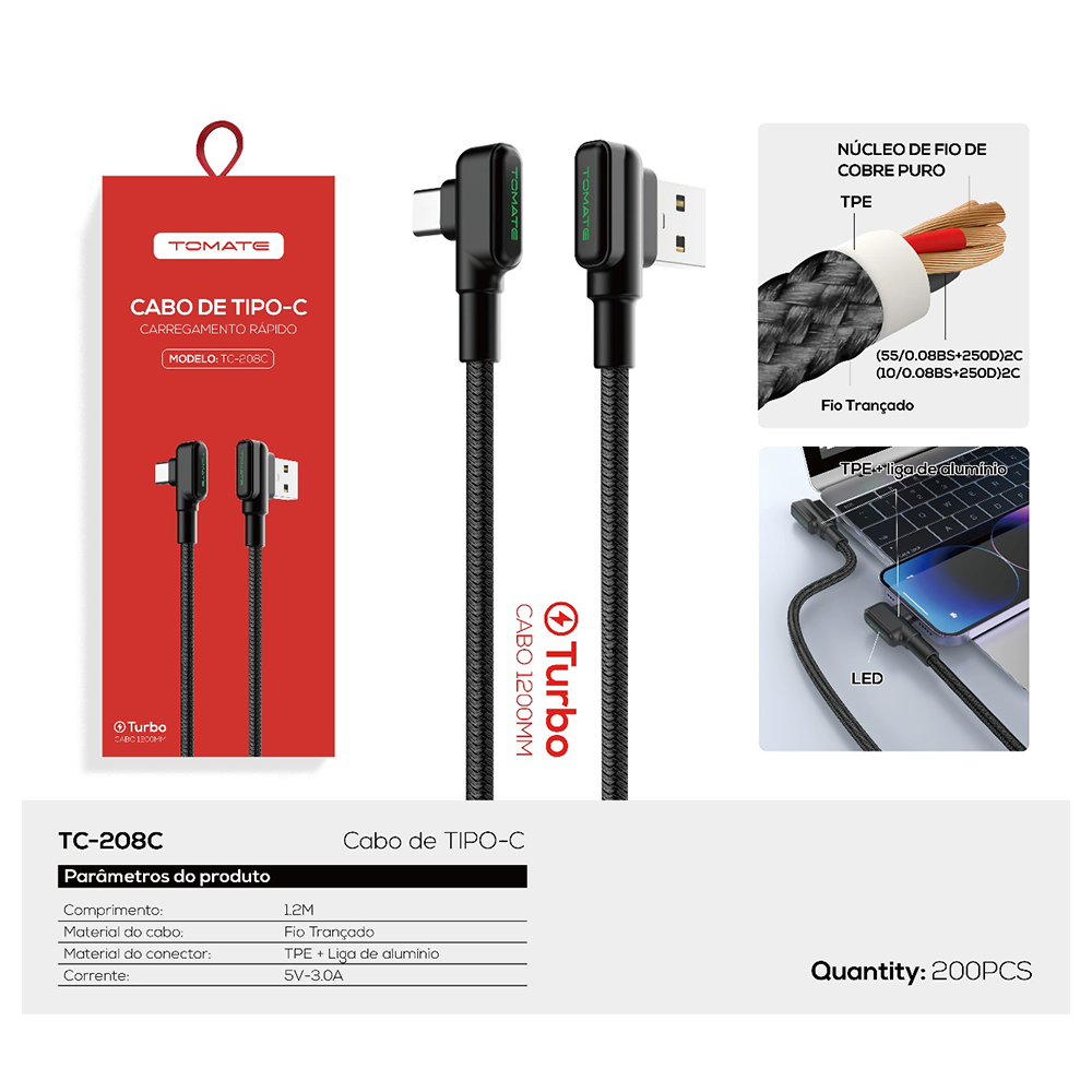 Comprar CABO USB TIPO C 90º 1.20CM TOMATE TC208C