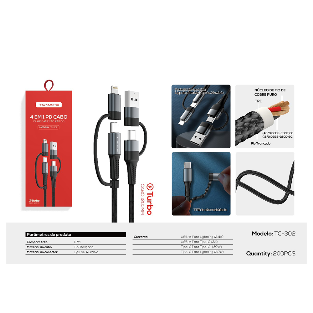 Comprar CABO USB TOMATE 4 EM 1 TIPO C / IOS / USB TC302 - Maxtill ...