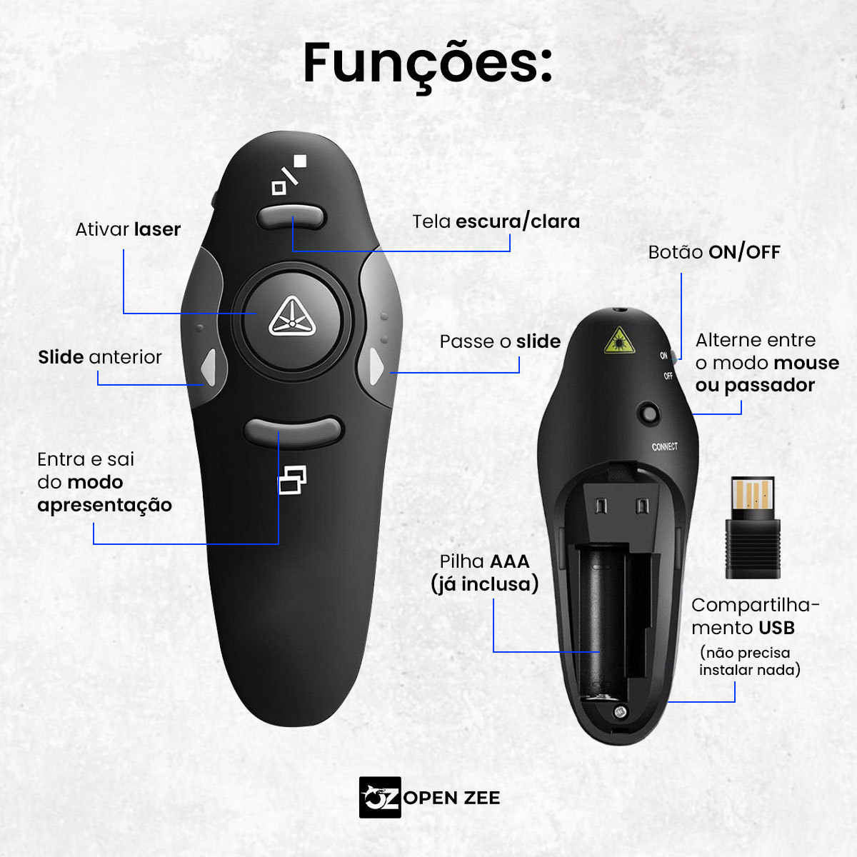 Passador de Slides Com Laser Sem Fio Bluetooth | OPEN ZEE