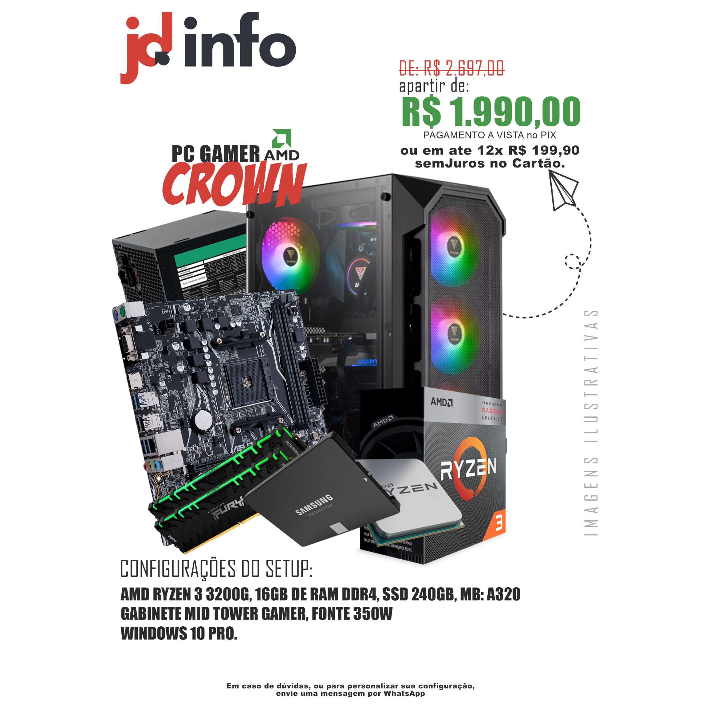PC Gamer Crown Amd Ryzen 3 3200G, A320M - R$1.999,90