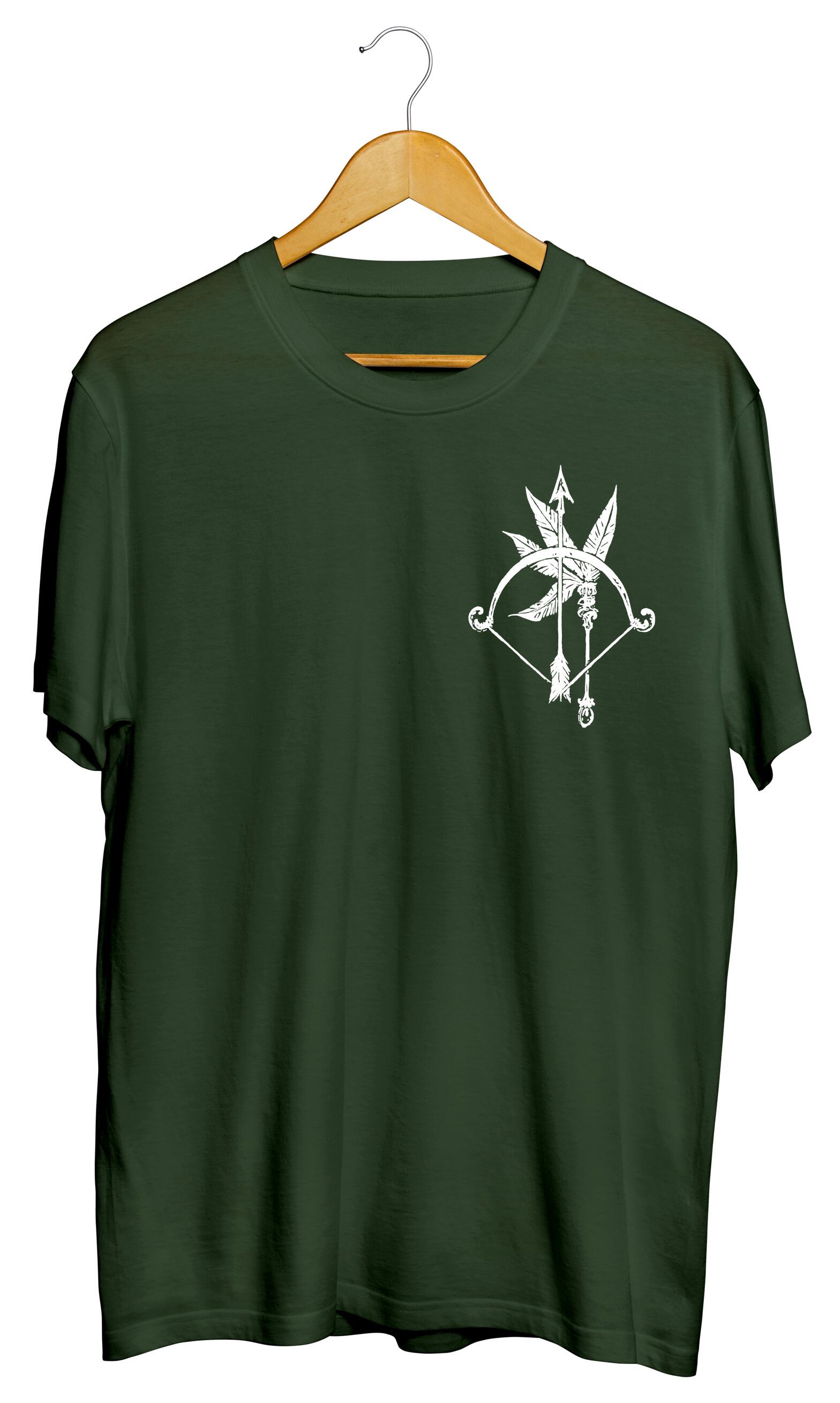 Comprar Camiseta Colorida Verde Ofá de Oxóssi + Okê Arô nas Costas